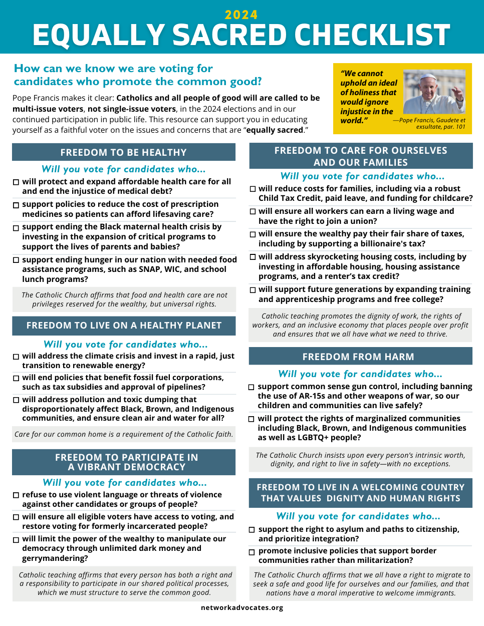Equally Sacred Multi-issue Voter Checklist - Nuns on the Bus 2024